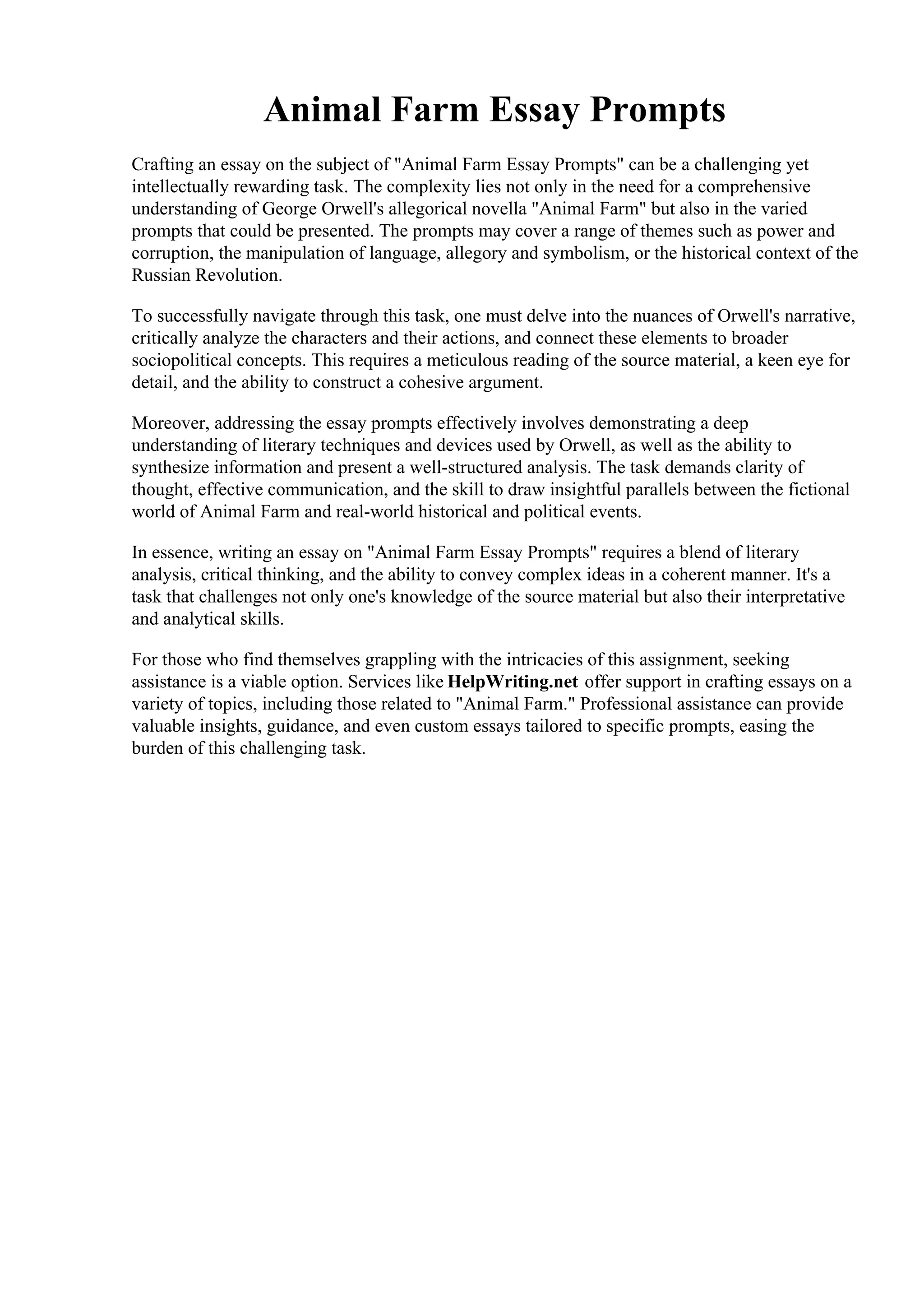 Animal Farm Essay Prompts | PDF | Fiction | Books and Literature