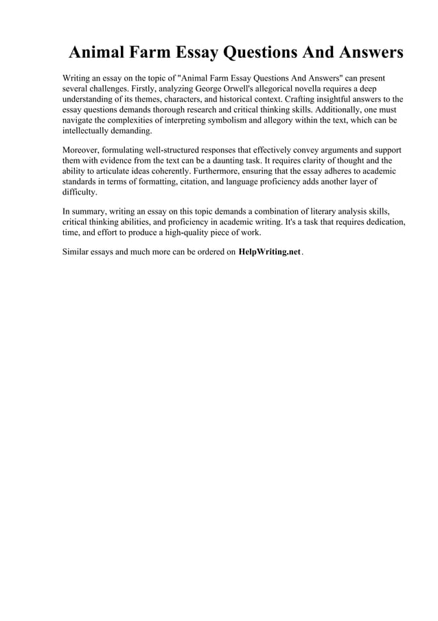 Animal Farm Essay Questions And Answers. Animal Farm Answers - 817 ...