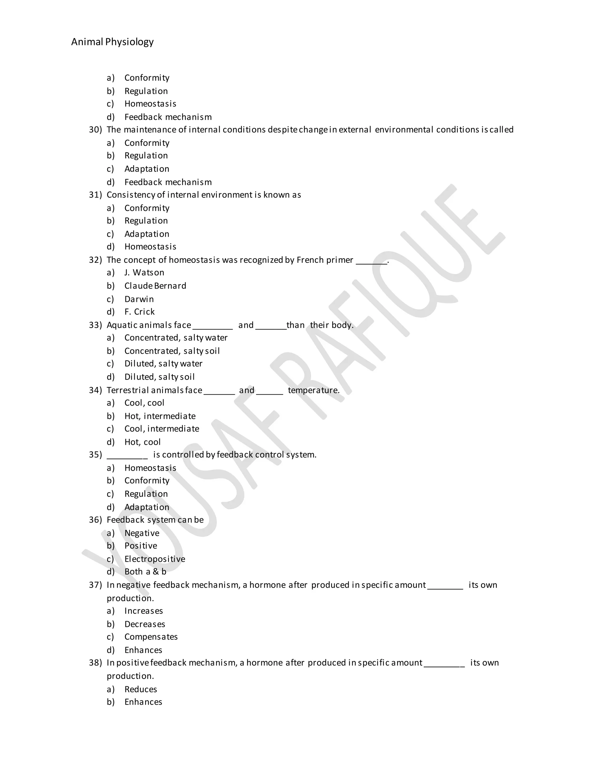 Multiple Choice Questions of Animal physiology | DOCX
