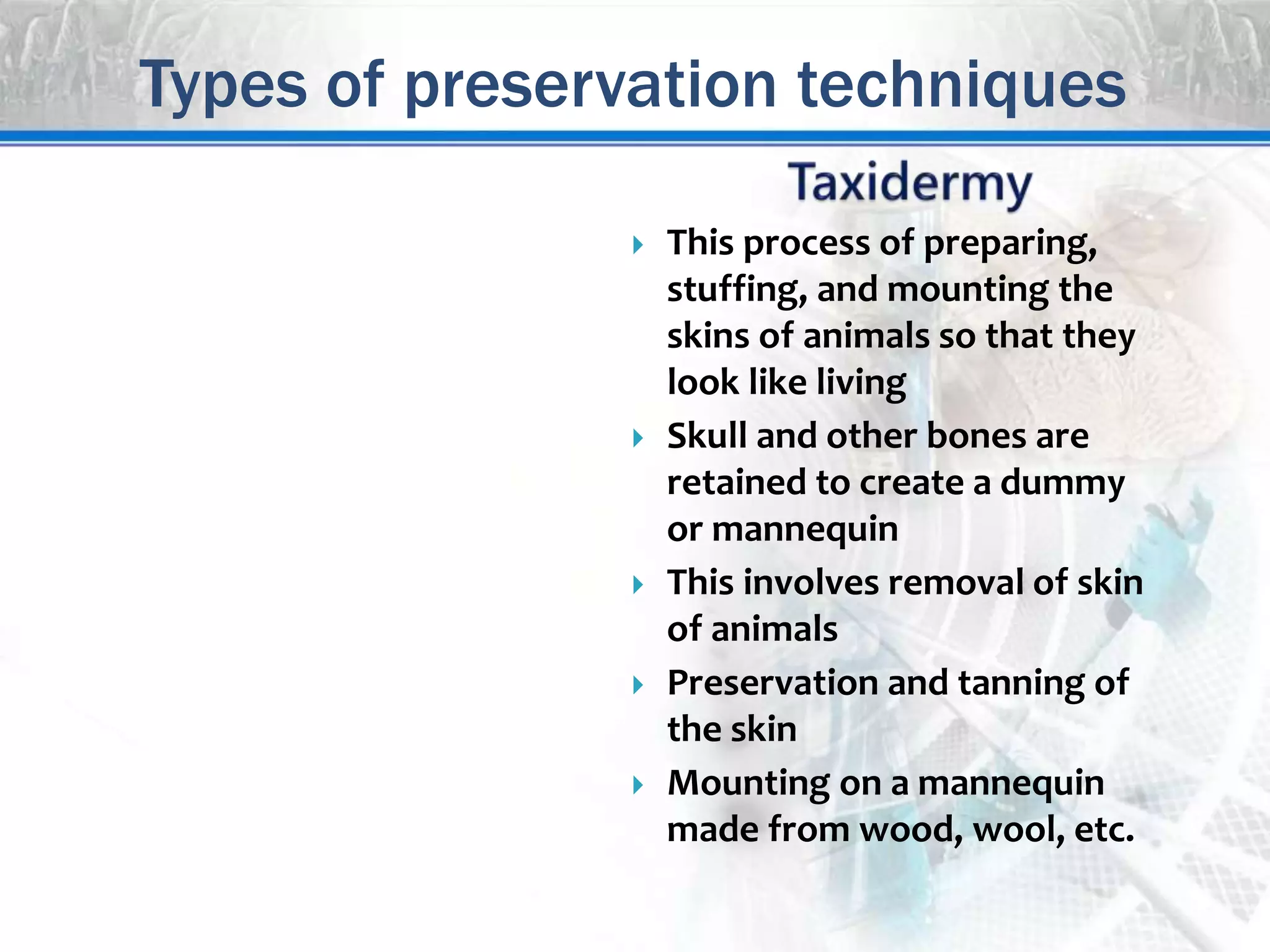 Animal preservation techniques introduction and objectives | PPTX