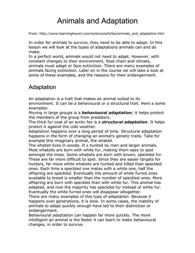 Animals and adaptation | PDF