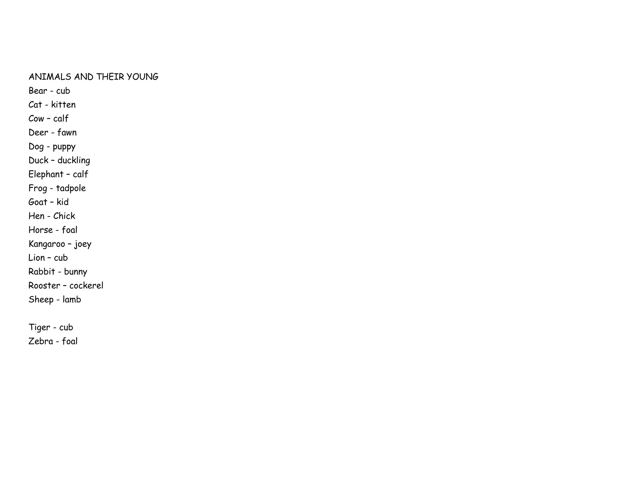 Animals and their young | DOCX