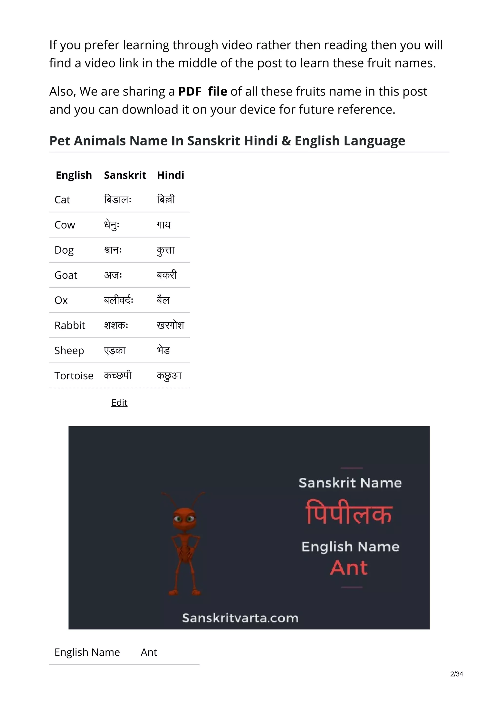 Animals name in sanskrit | PDF