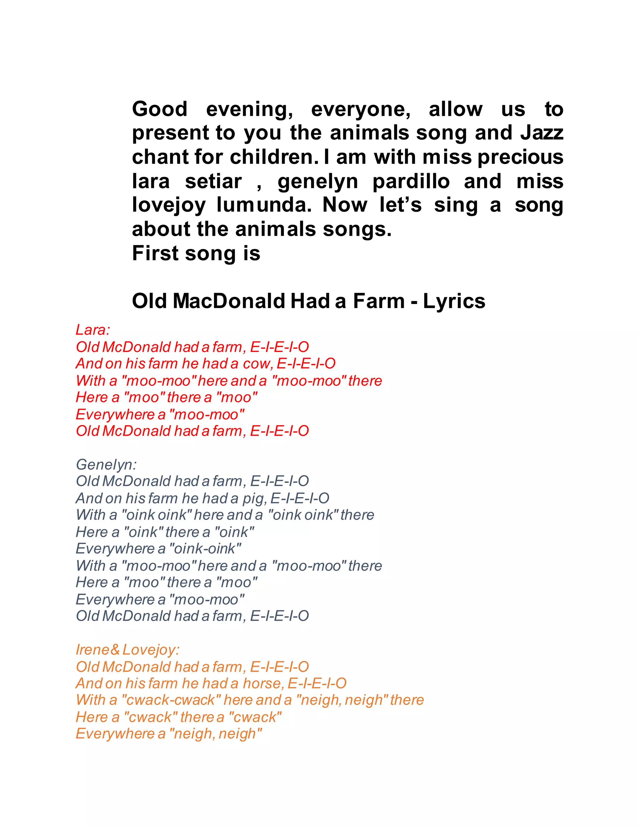 Animals song | DOCX