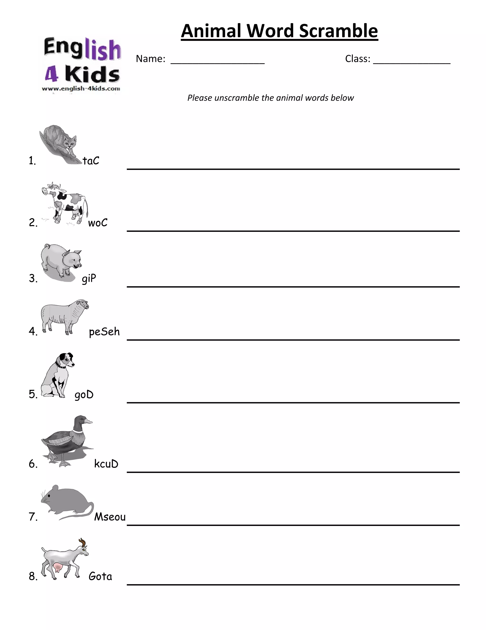 Animal word scramble | PDF