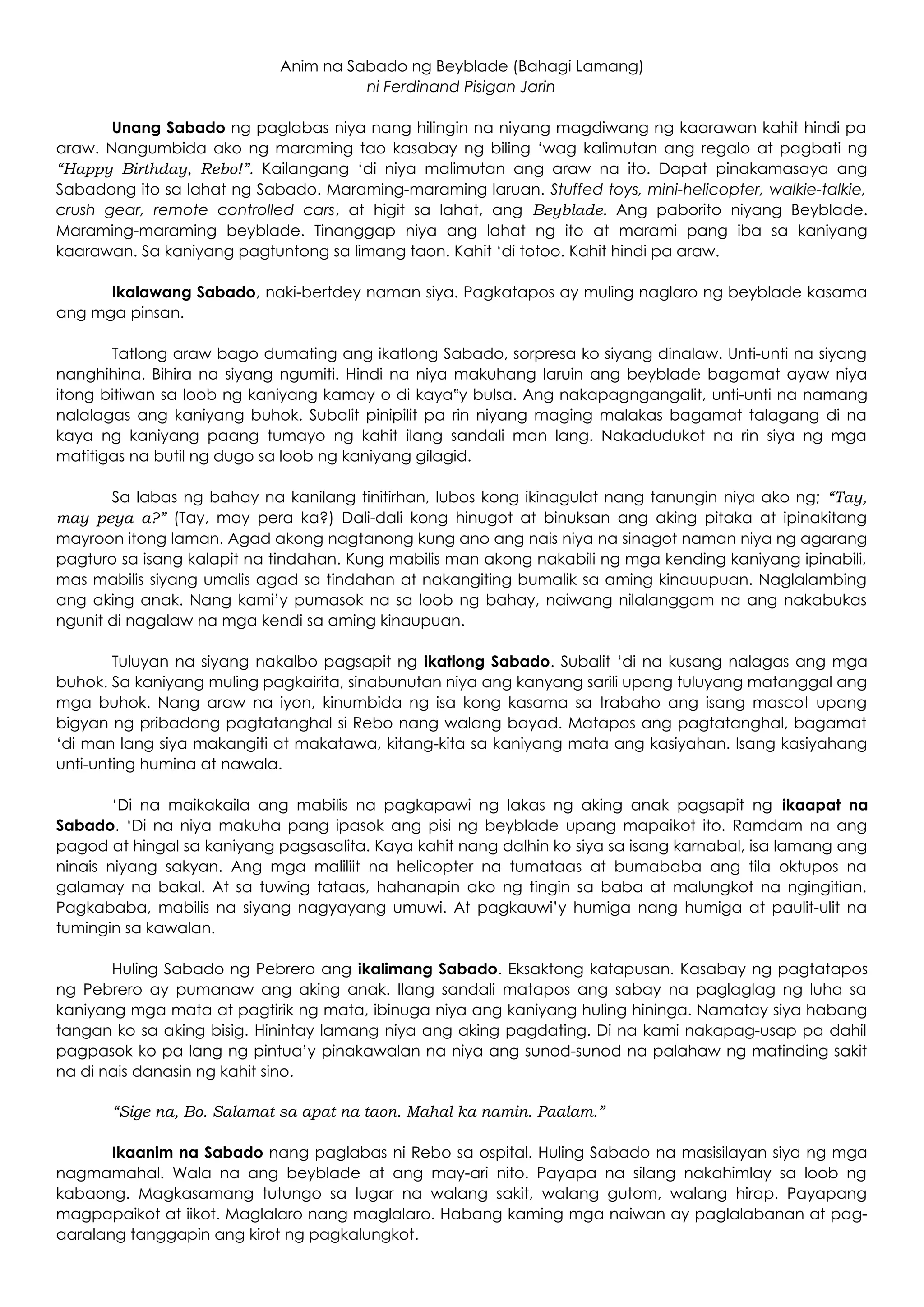 Anim na Sabado ng Beyblade ni Ferdinand Jarin | DOCX