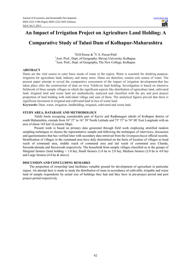 An impact of irrigation project on agriculture land holding a comparative study of tulasi dam of ...