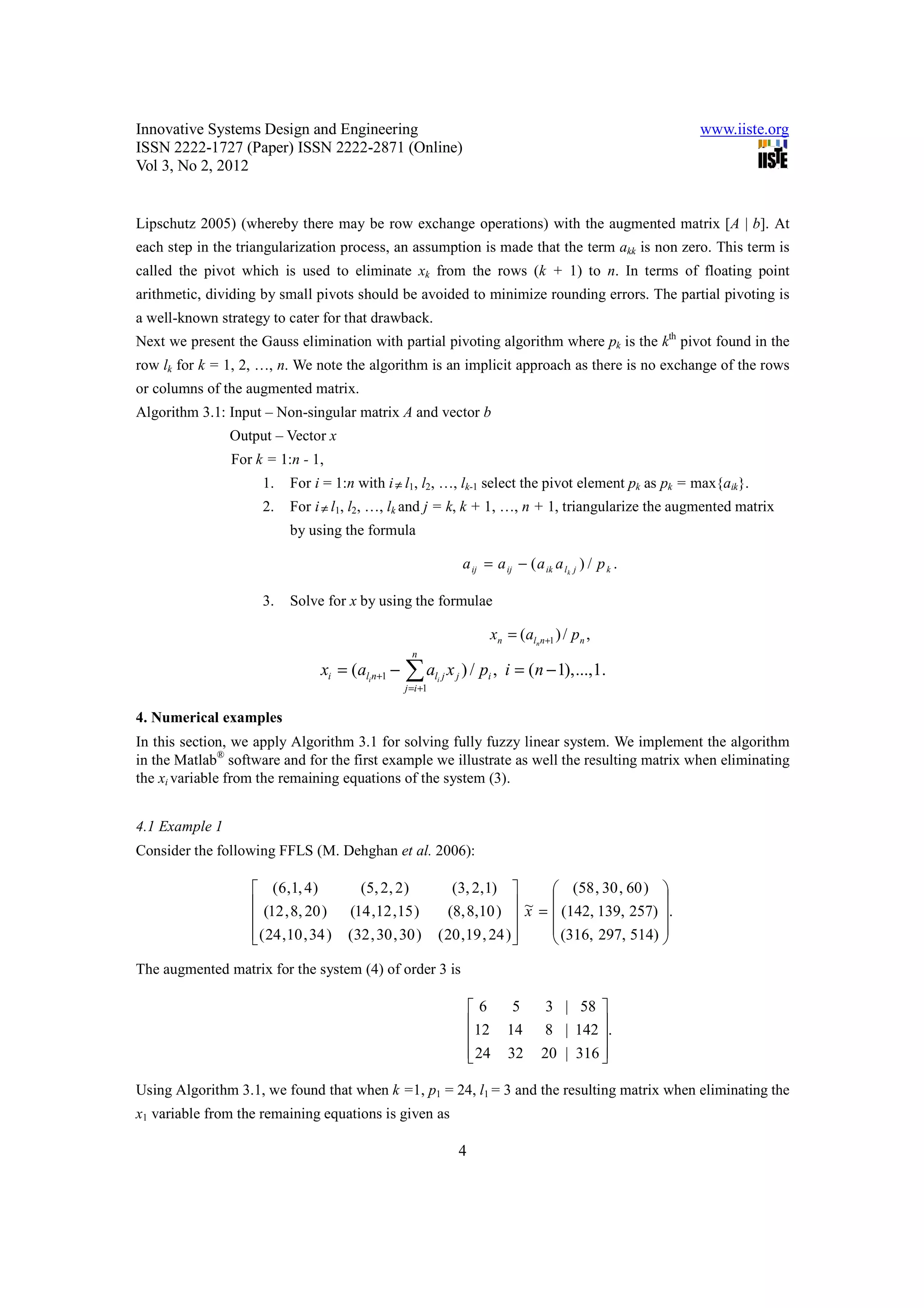 An Implicit Partial Pivoting Gauss Elimination Algorithm For Linear System Of Equations With
