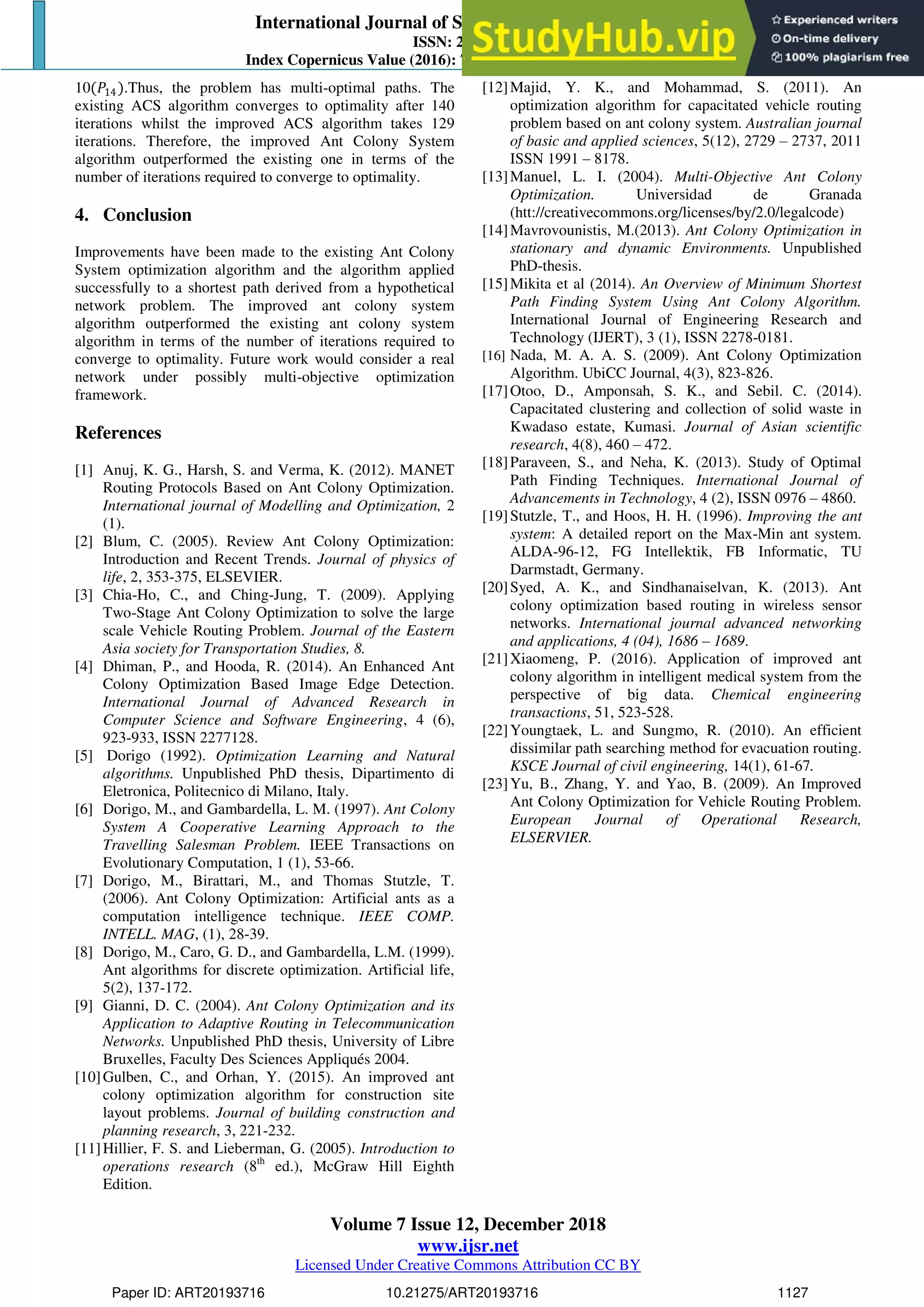 An Improved Ant Colony System Algorithm For Solving Shortest Path Network Problems Pdf