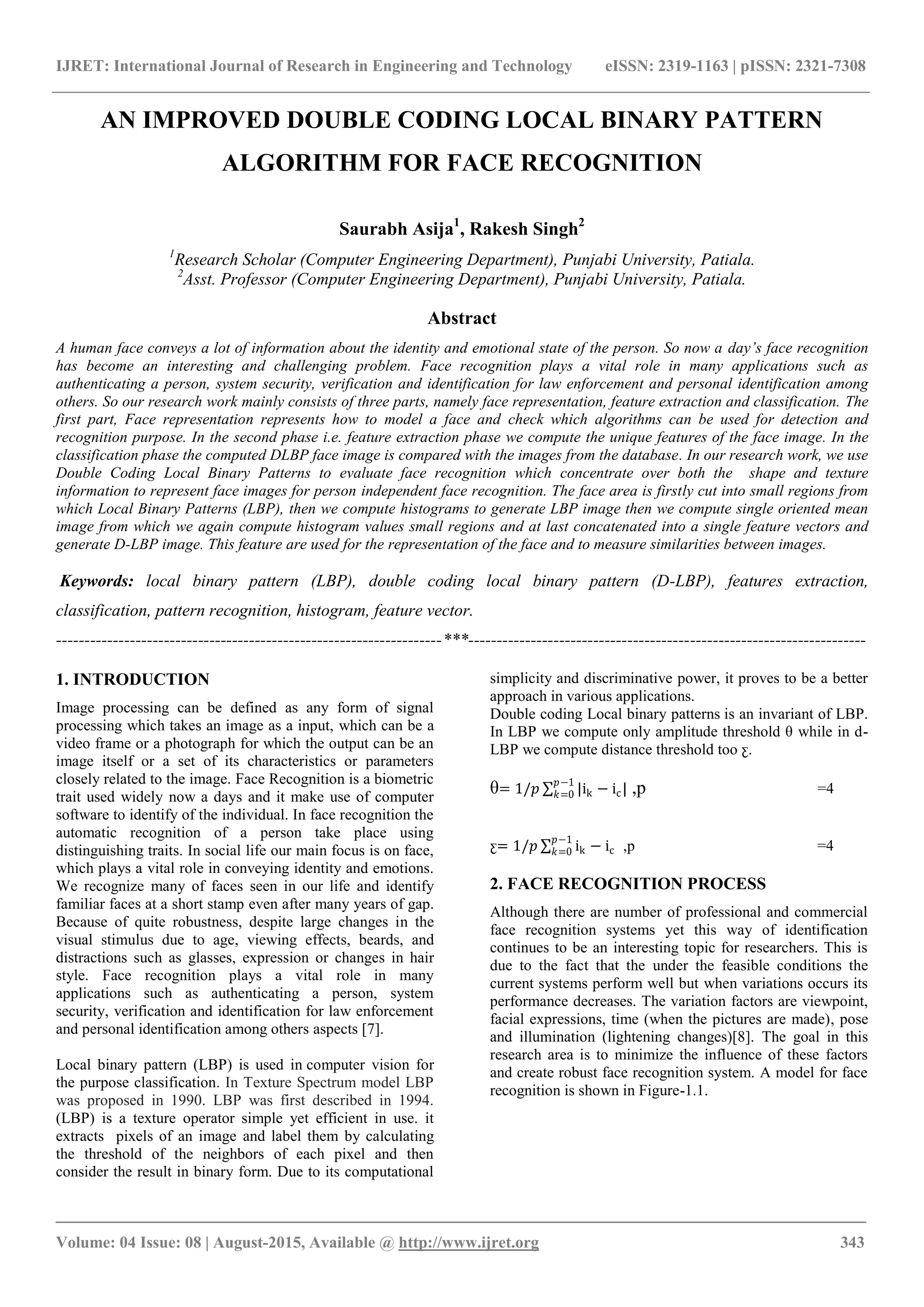 An Improved Double Coding Local Binary Pattern Algorithm For Face Recognition Pdf