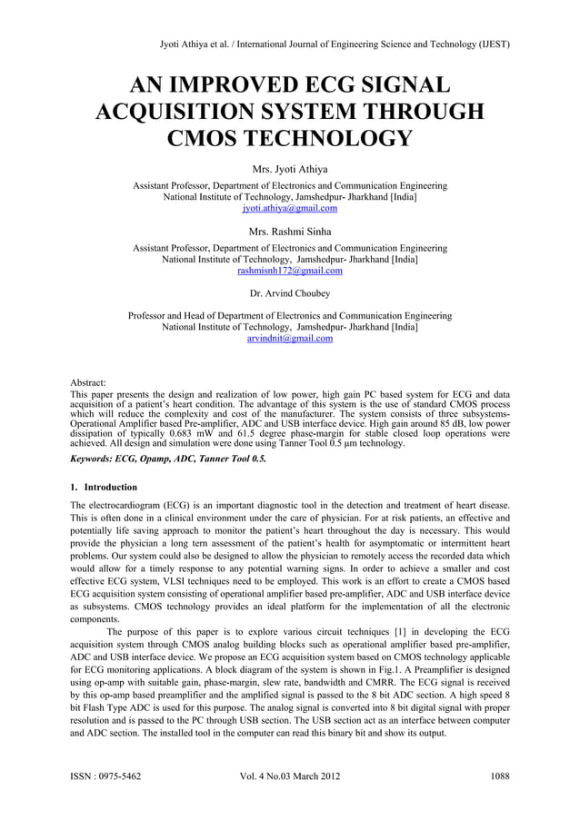 AN IMPROVED ECG SIGNAL ACQUISITION SYSTEM THROUGH CMOS TECHNOLOGY | PDF