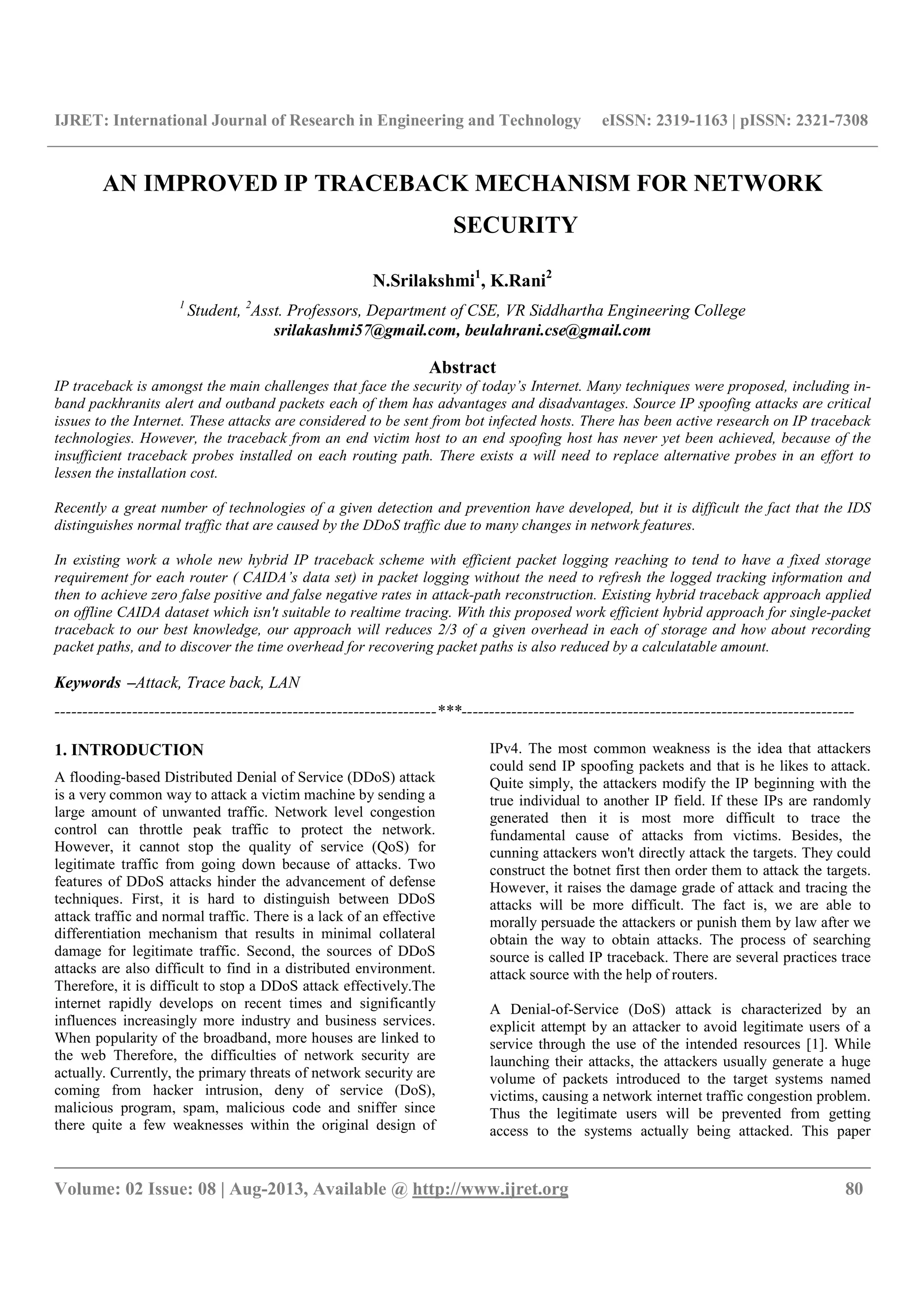 An improved ip traceback mechanism for network | PDF