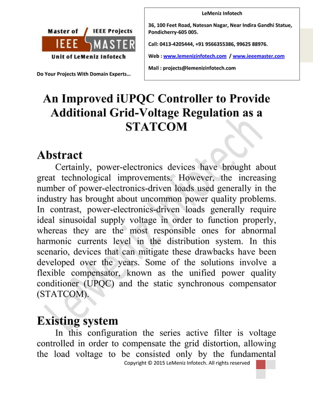 An improved iupqc controller to provide additional grid voltage regulation as a statcom | PDF