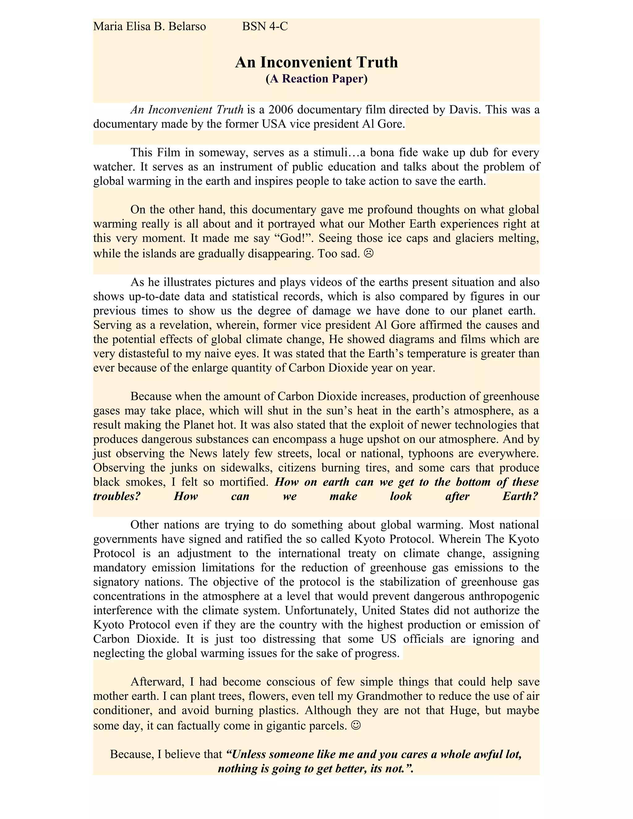 An inconvenient truth Reaction Paper | DOC