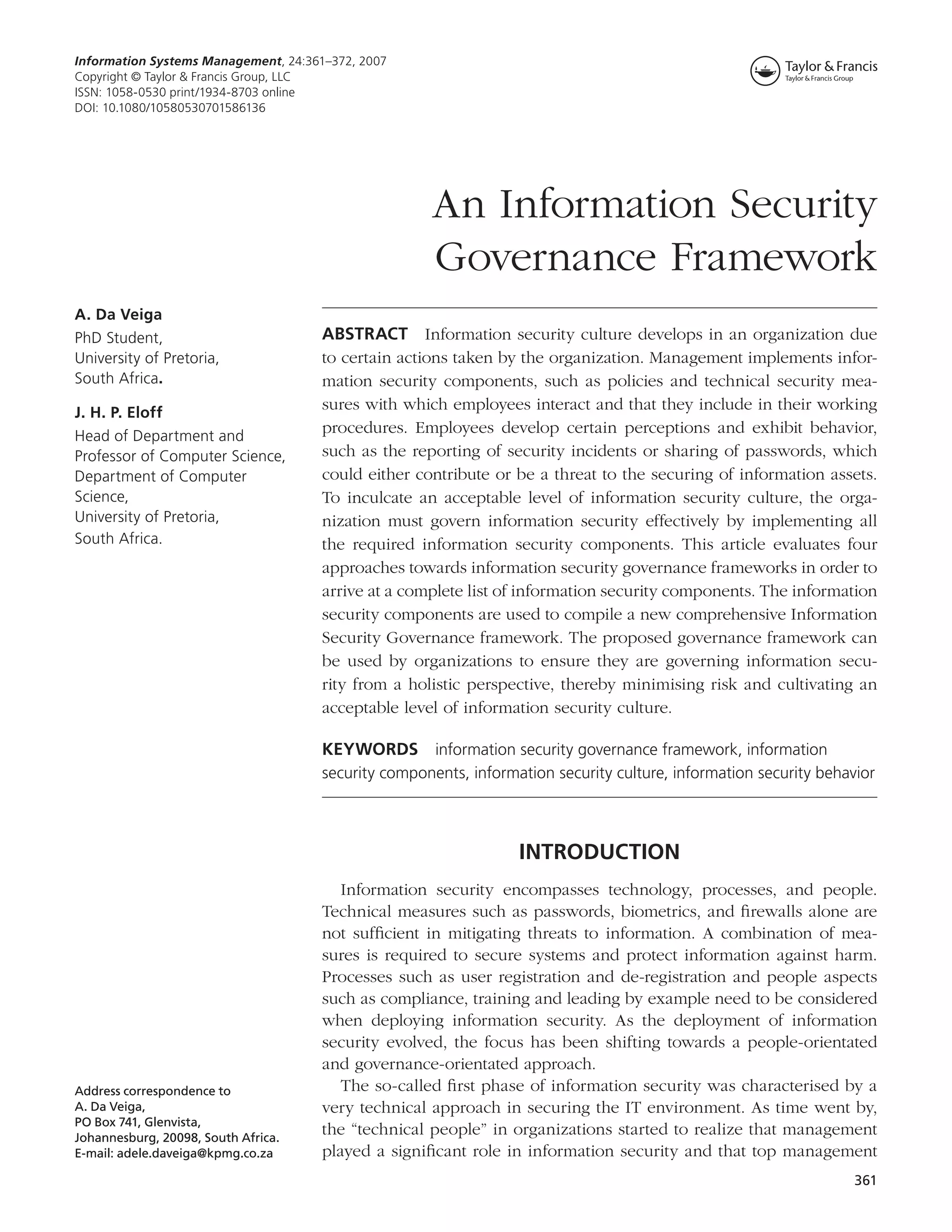 An information security governance framework | PDF