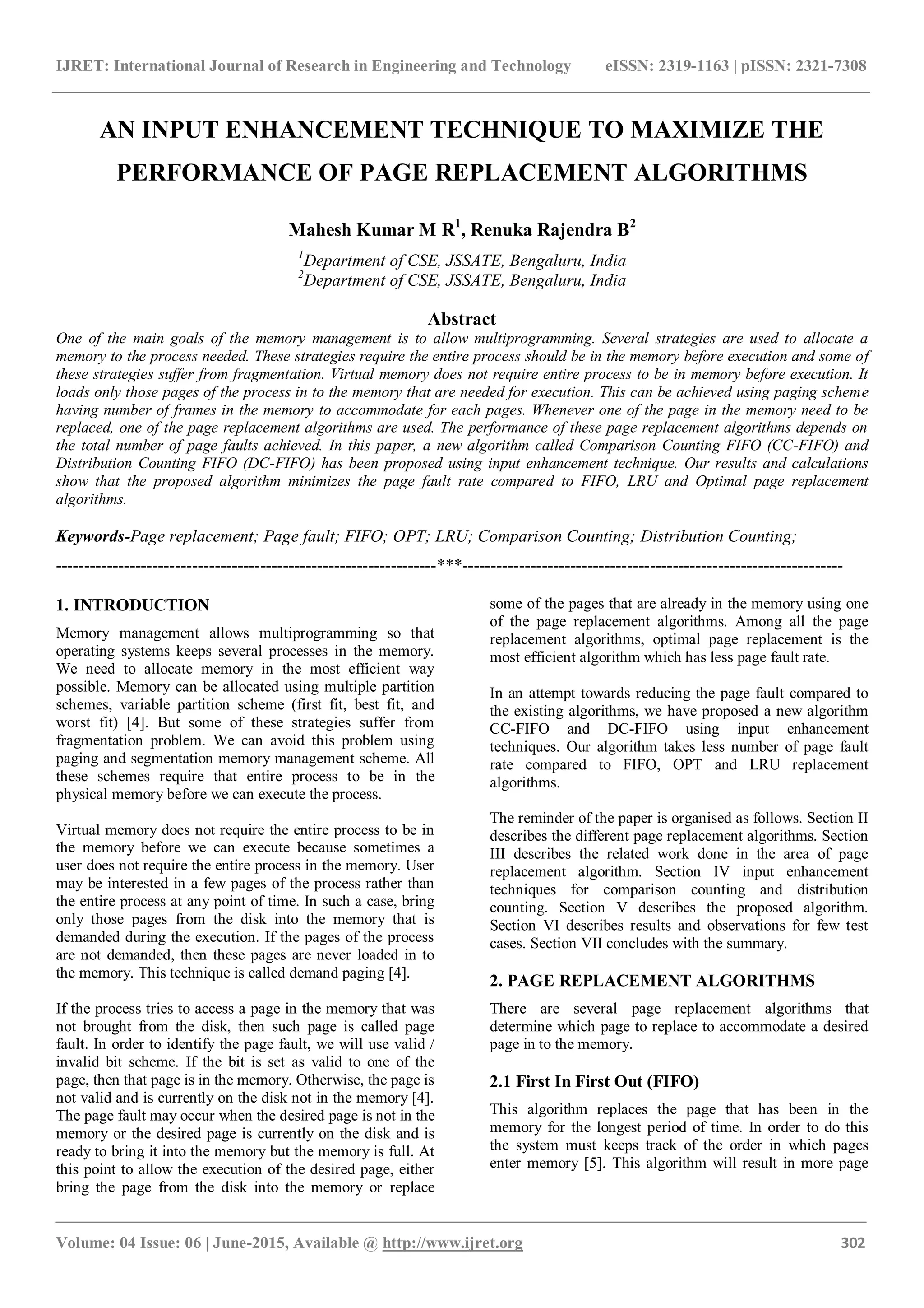 An input enhancement technique to maximize the performance of page replacement algorithms | PDF