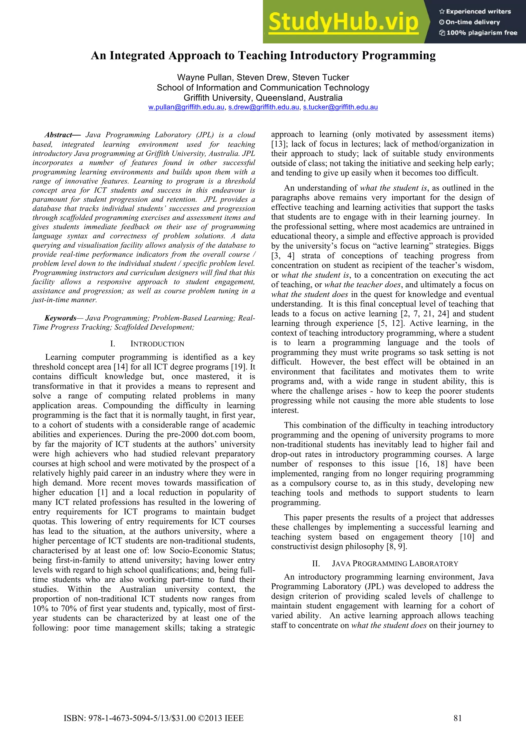 An Integrated Approach To Teaching Introductory Programming | PDF