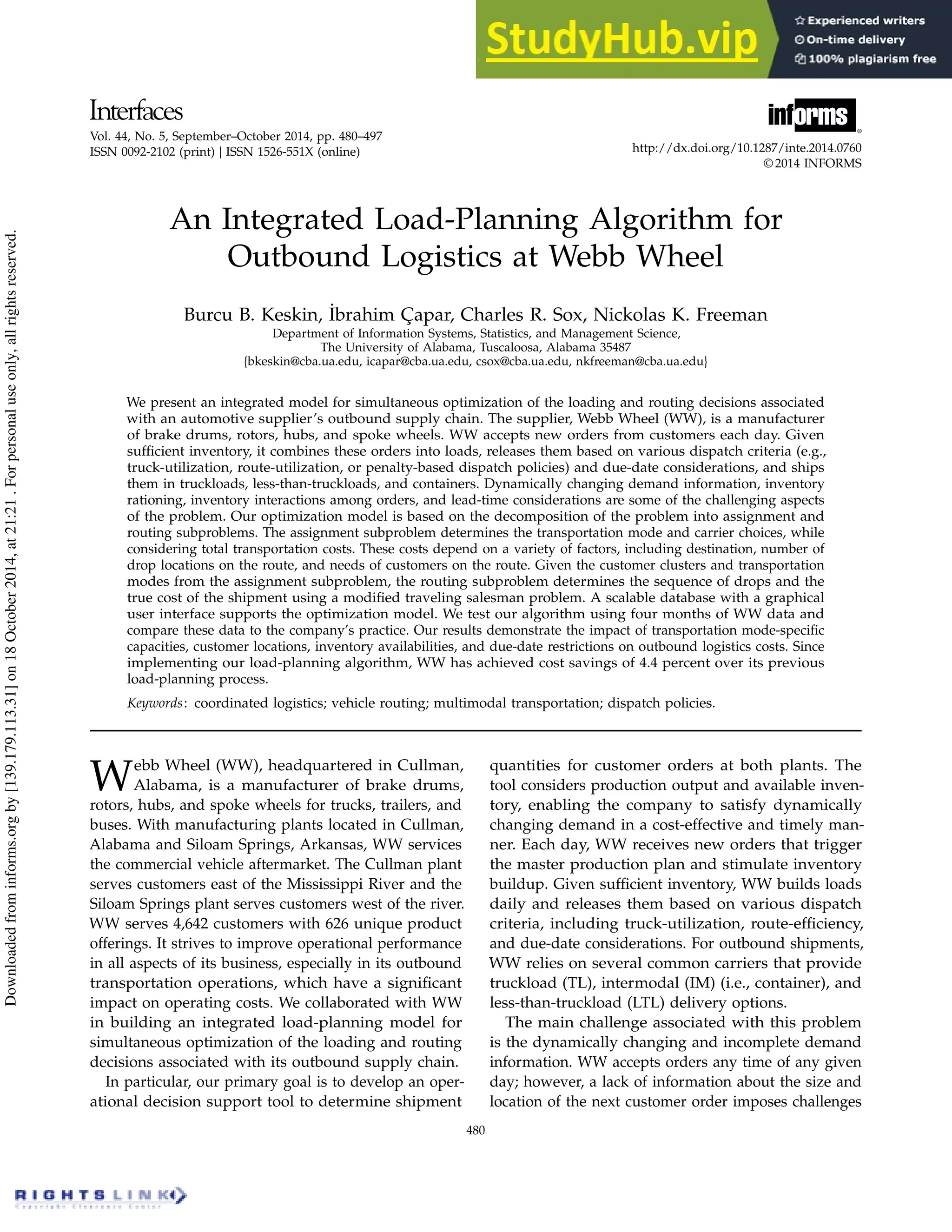 An Integrated Load-Planning Algorithm for Outbound Logistics at Webb ...