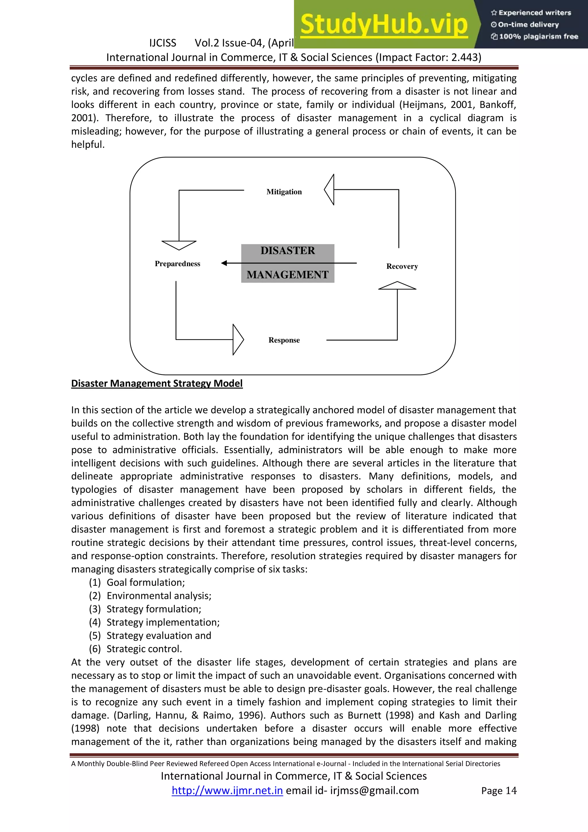 AN INTEGRATED STRATEGIC DISASTER MANAGEMENT MODEL FOR ADMINISTRATION | PDF
