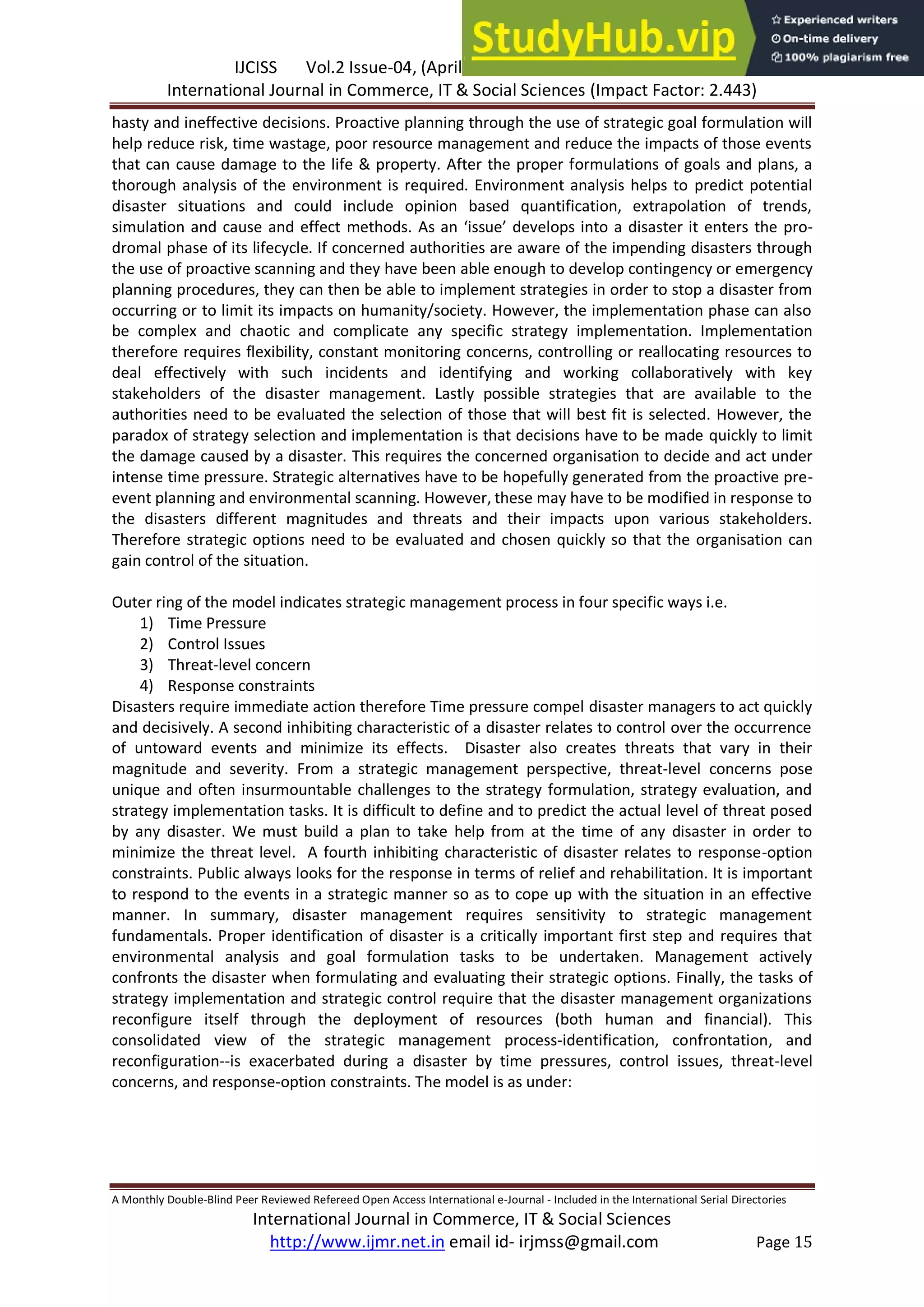 AN INTEGRATED STRATEGIC DISASTER MANAGEMENT MODEL FOR ADMINISTRATION | PDF