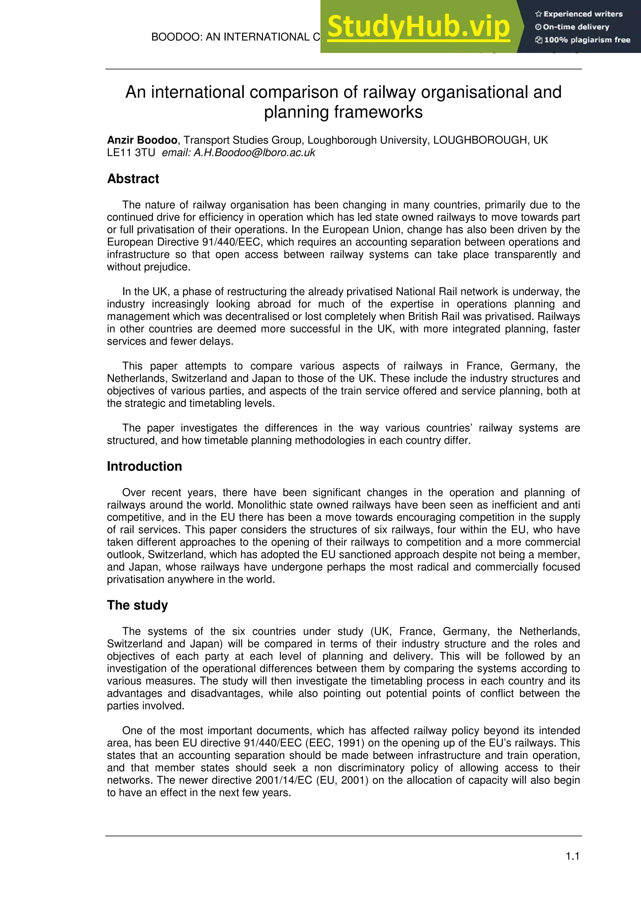 An international comparison of railway organisational and planning ...