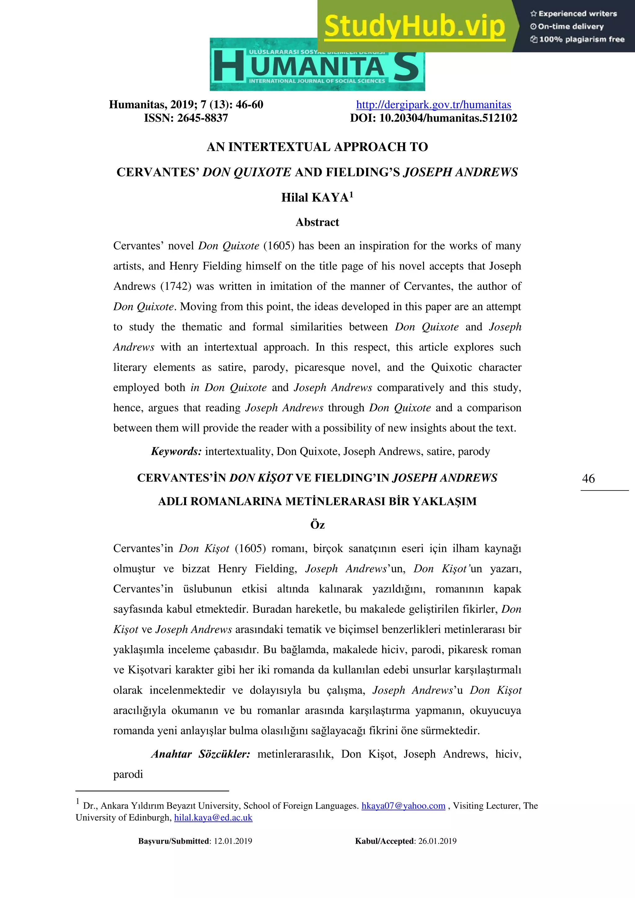 AN INTERTEXTUAL APPROACH TO CERVANTES DON QUIXOTE AND FIELDING S JOSEPH ...