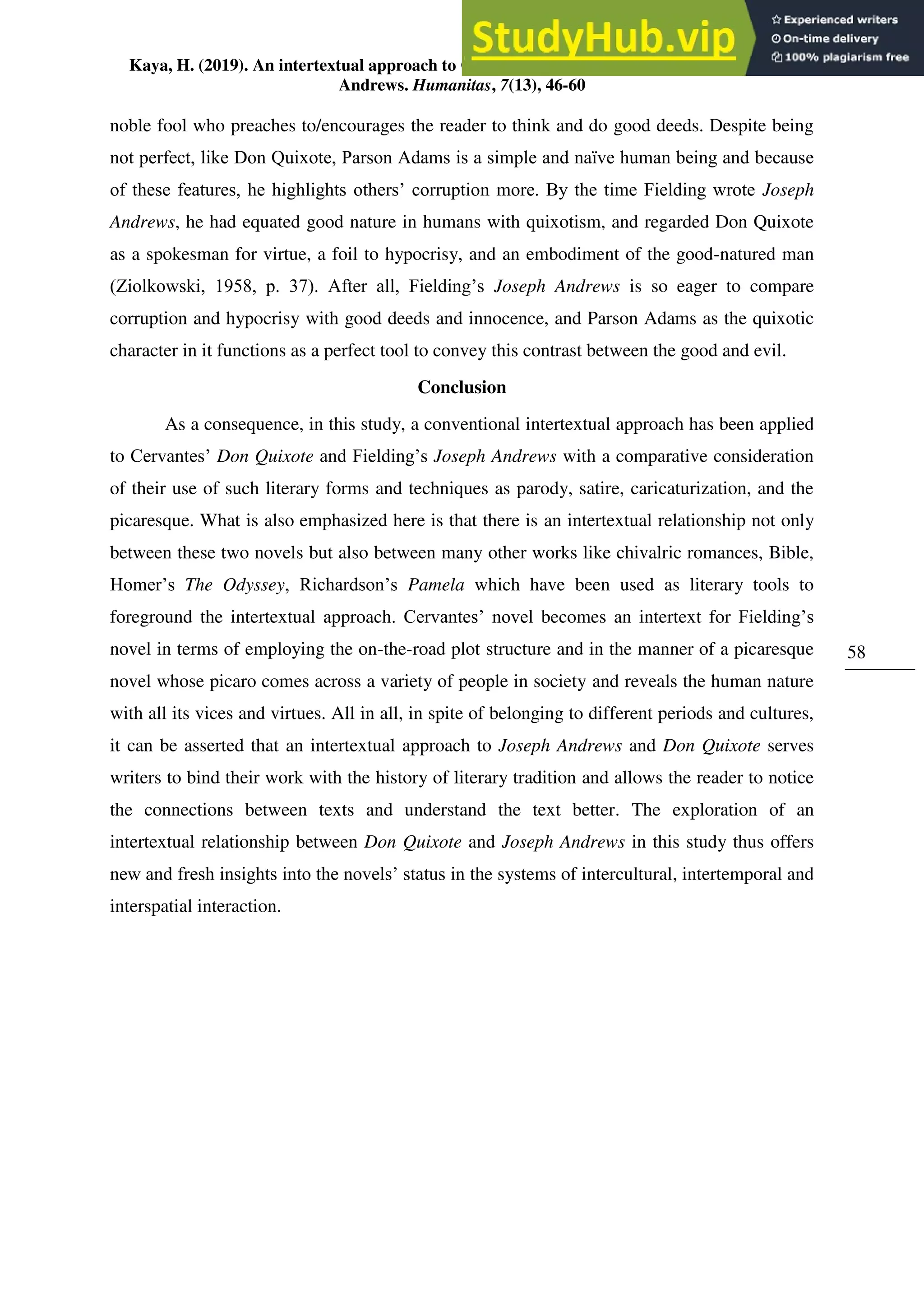 AN INTERTEXTUAL APPROACH TO CERVANTES DON QUIXOTE AND FIELDING S JOSEPH ...