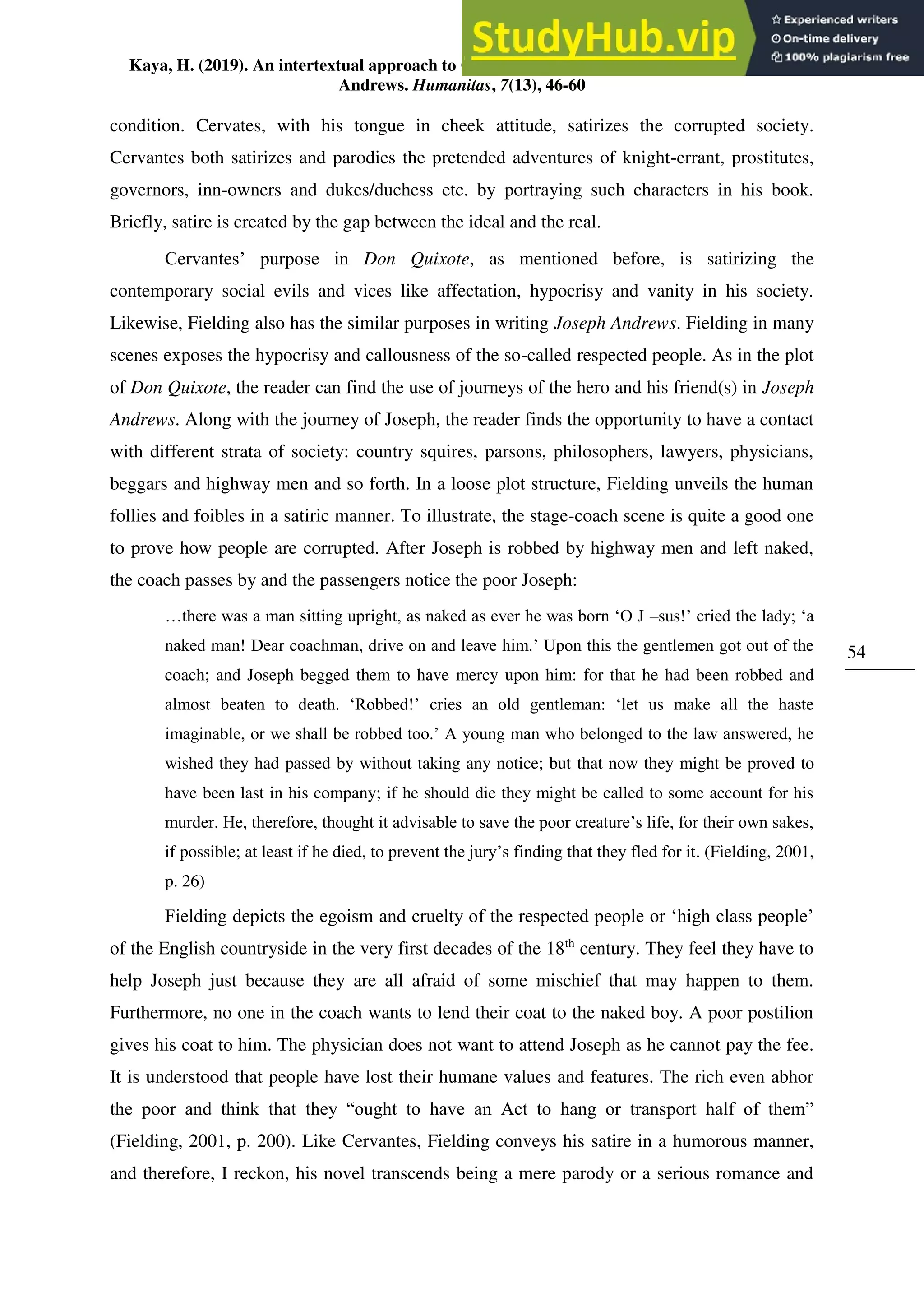 AN INTERTEXTUAL APPROACH TO CERVANTES DON QUIXOTE AND FIELDING S JOSEPH ...