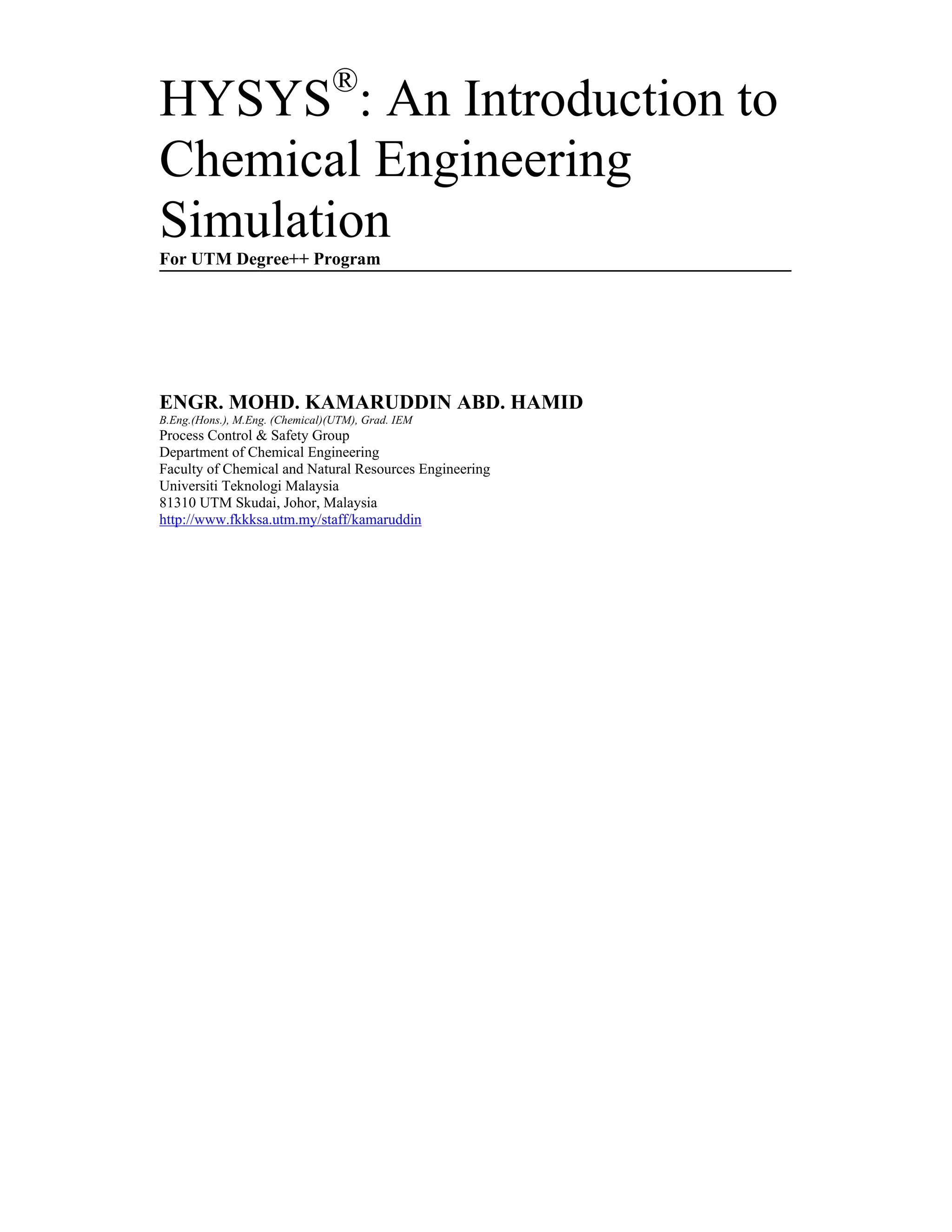 An introduction to chemical Engineering Simulation HYSYS.pdf | Chemistry | Science