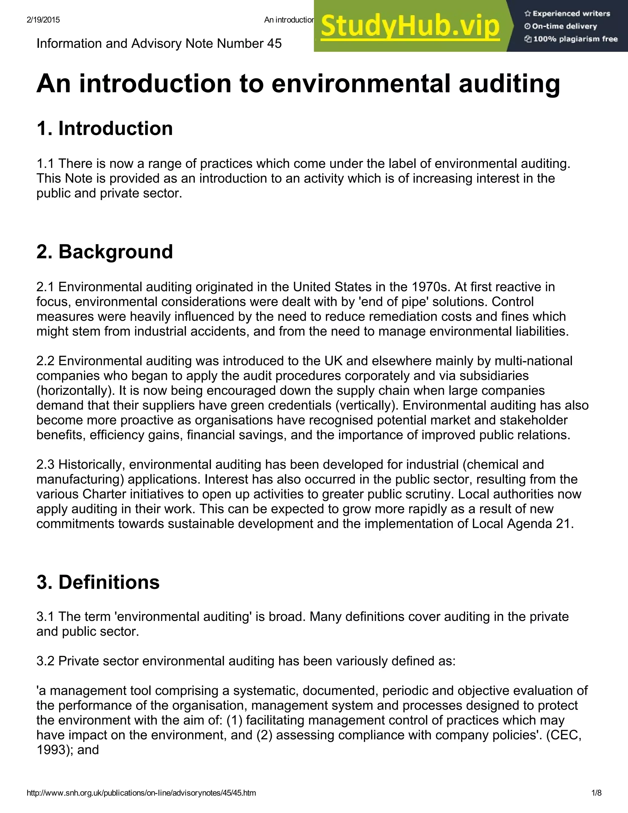 An Introduction To Environmental Auditing | PDF