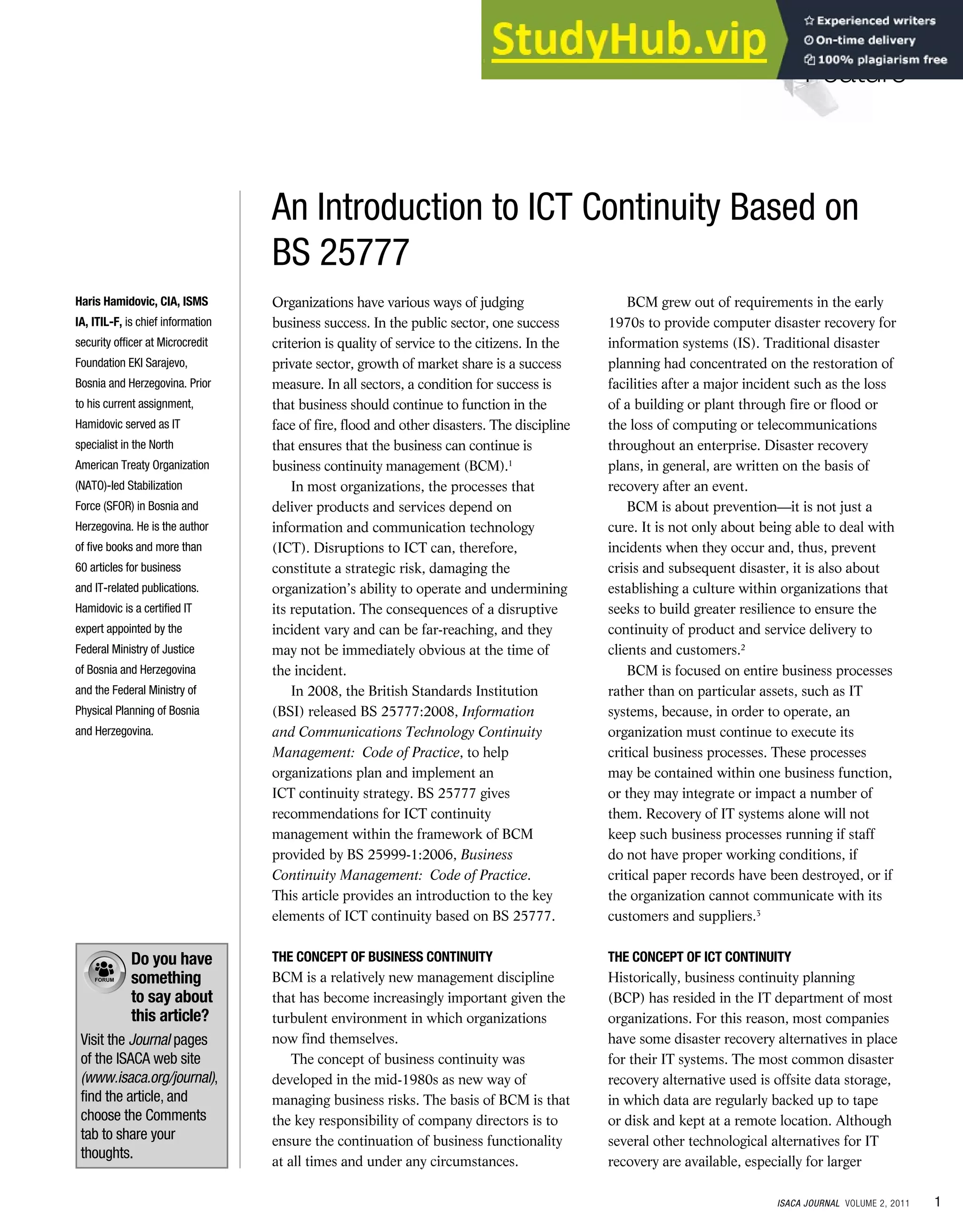 An Introduction To ICT Continuity Based On BS 25777 | PDF