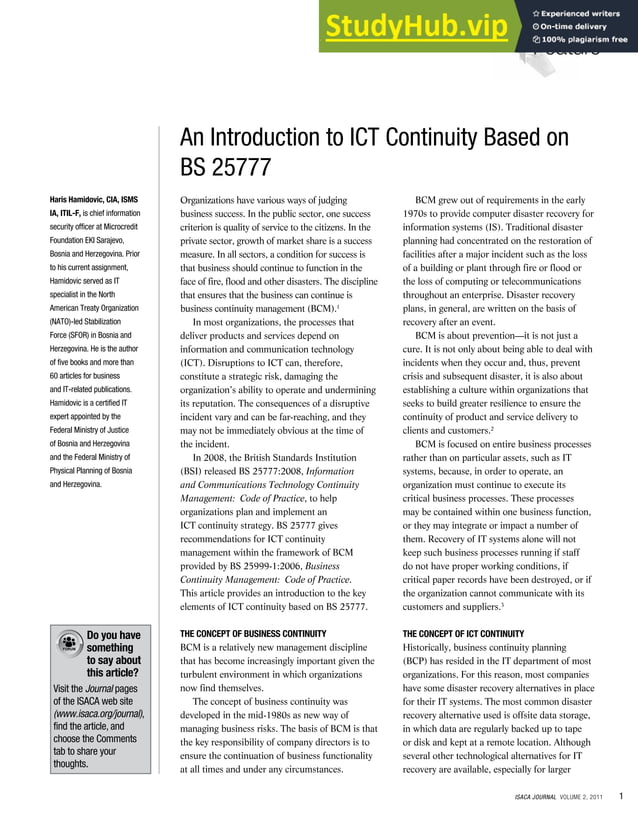 An Introduction To ICT Continuity Based On BS 25777 | PDF
