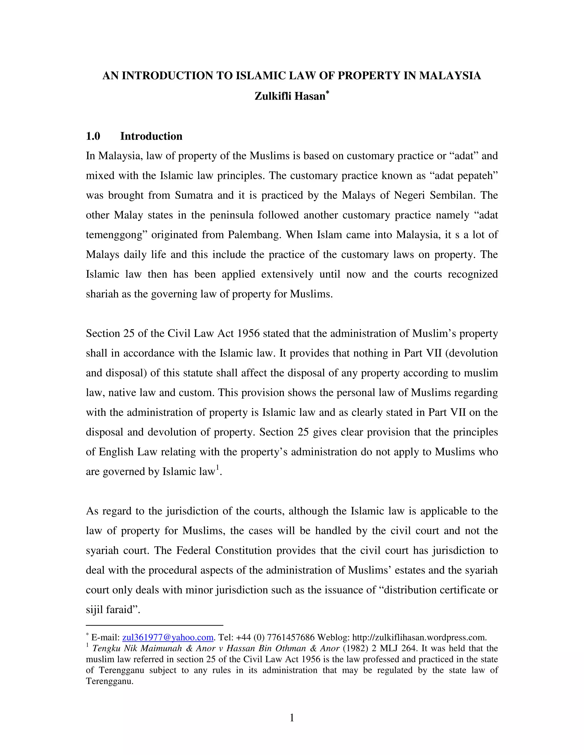 AN INTRODUCTION TO ISLAMIC LAW OF PROPERTY IN MALAYSIA | PDF