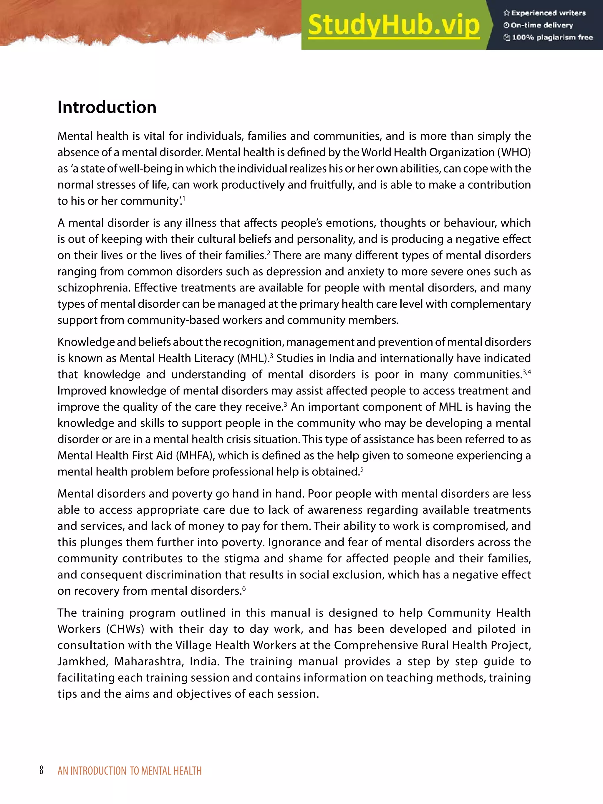 AN INTRODUCTION TO MENTAL HEALTH Facilitator S Manual For Training ...