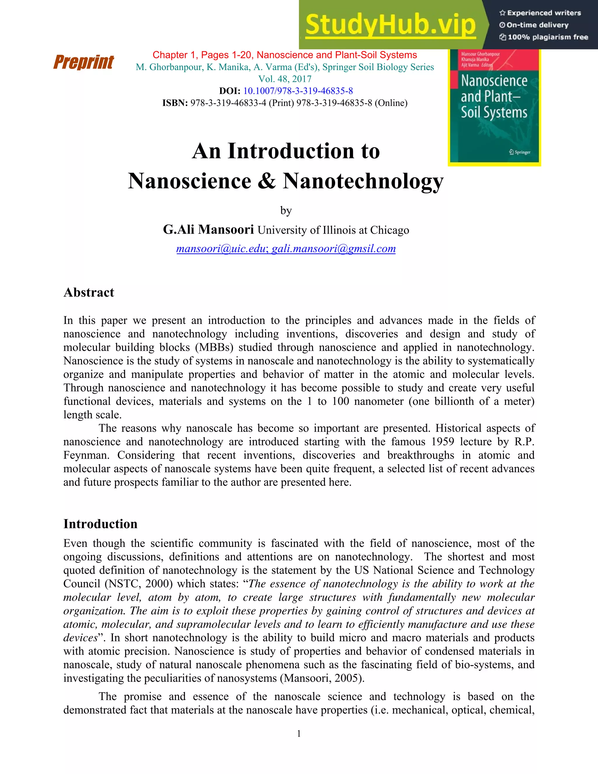 An Introduction To Nanoscience Nanotechnology | PDF