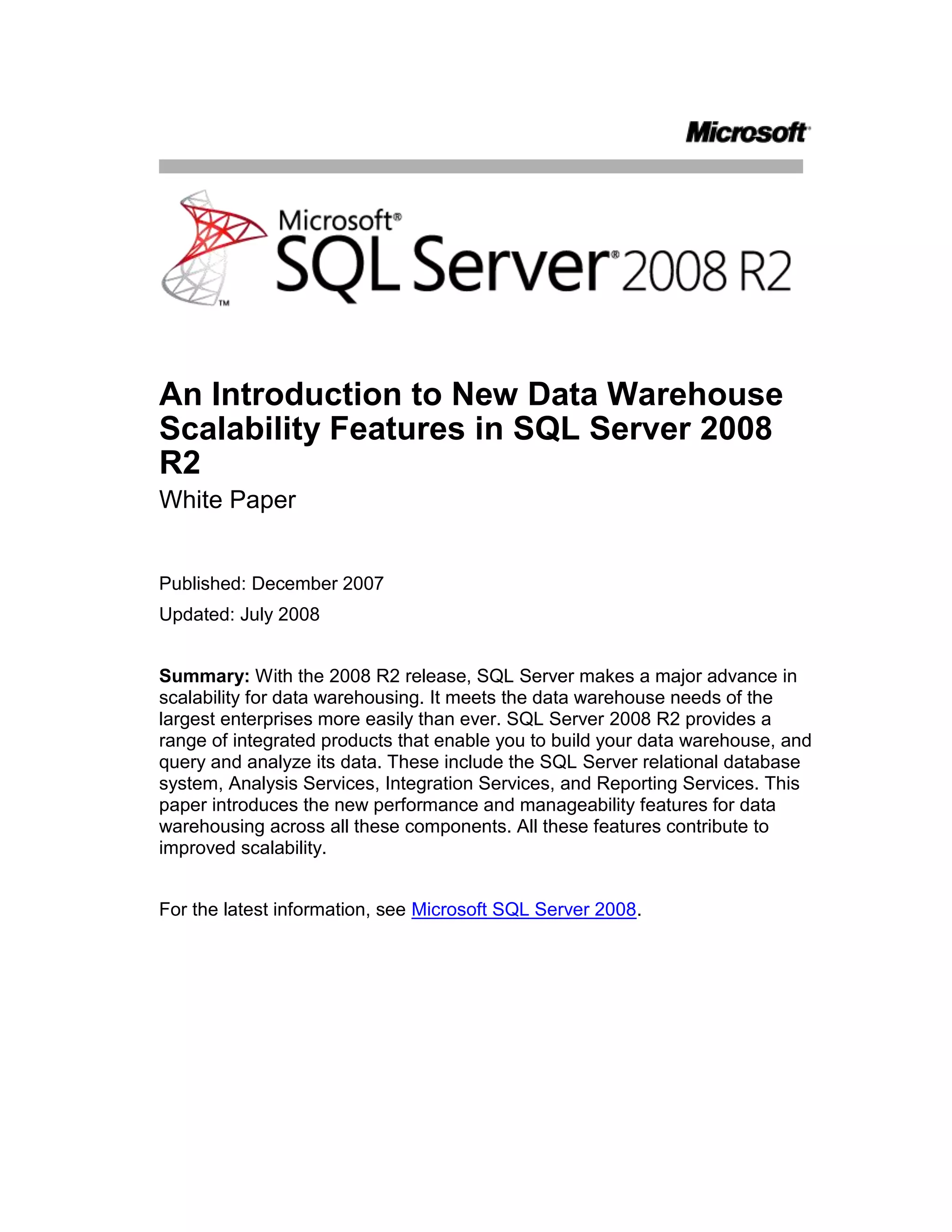 An introduction to new data warehouse scalability features in sql server 2008 | PDF