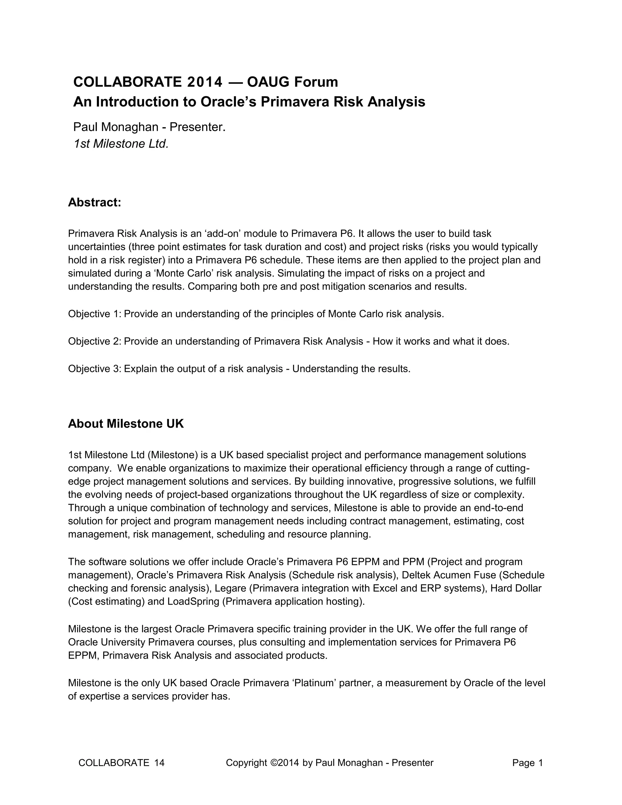 An introduction to primavera risk analysis - Oracle Primavera P6 ...