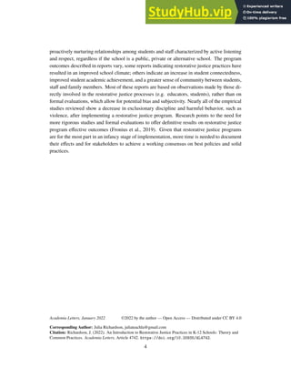 An Introduction To Restorative Justice Practices In K-12 Schools Theory And Common Practices | PDF