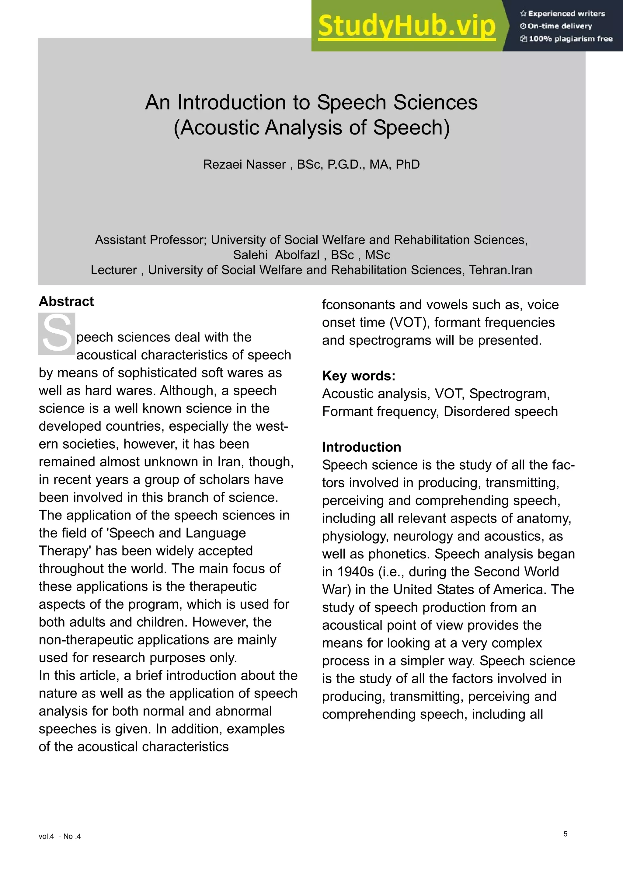 An Introduction To Speech Sciences (Acoustic Analysis Of Speech) | PDF