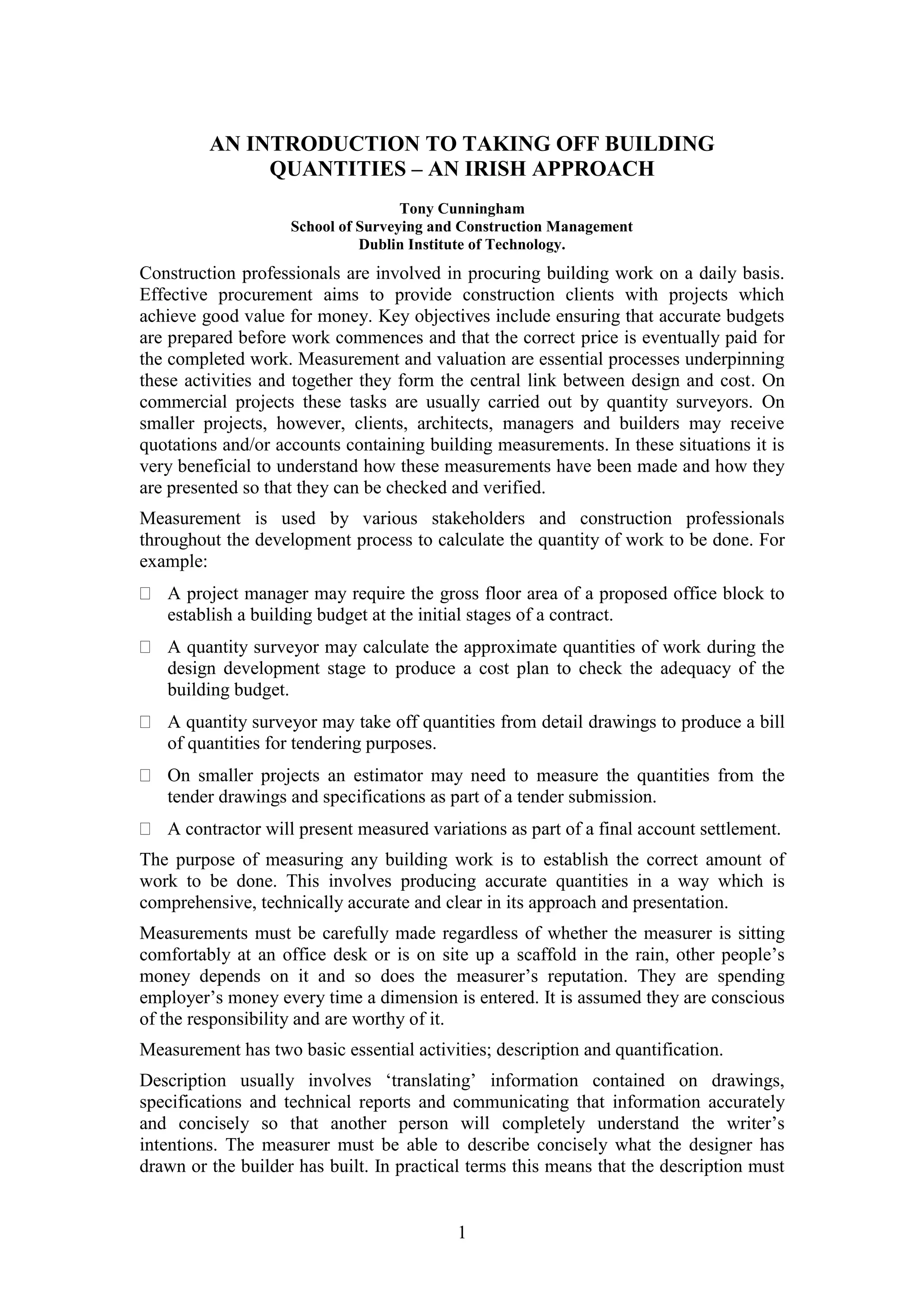 An introduction to taking off building quantities | PDF