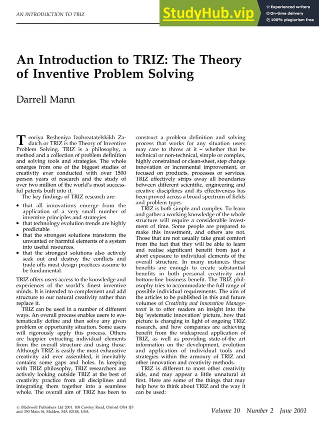 An Introduction To TRIZ The Theory Of Inventive Problem Solving | PDF