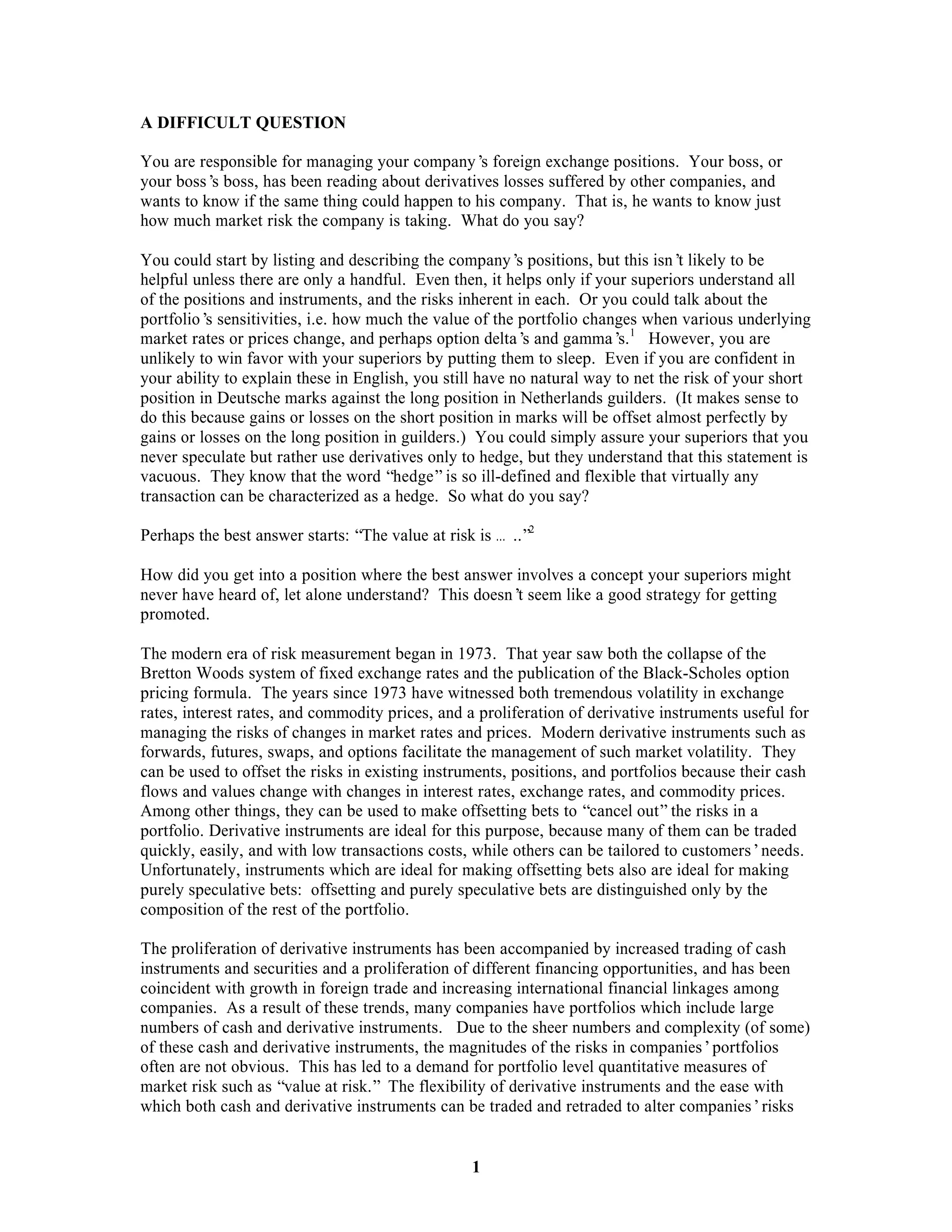 An introduction to value at risk | PDF