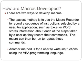 An introduction to vba and macros | PPTX | Operating Systems | Computer Software and Applications