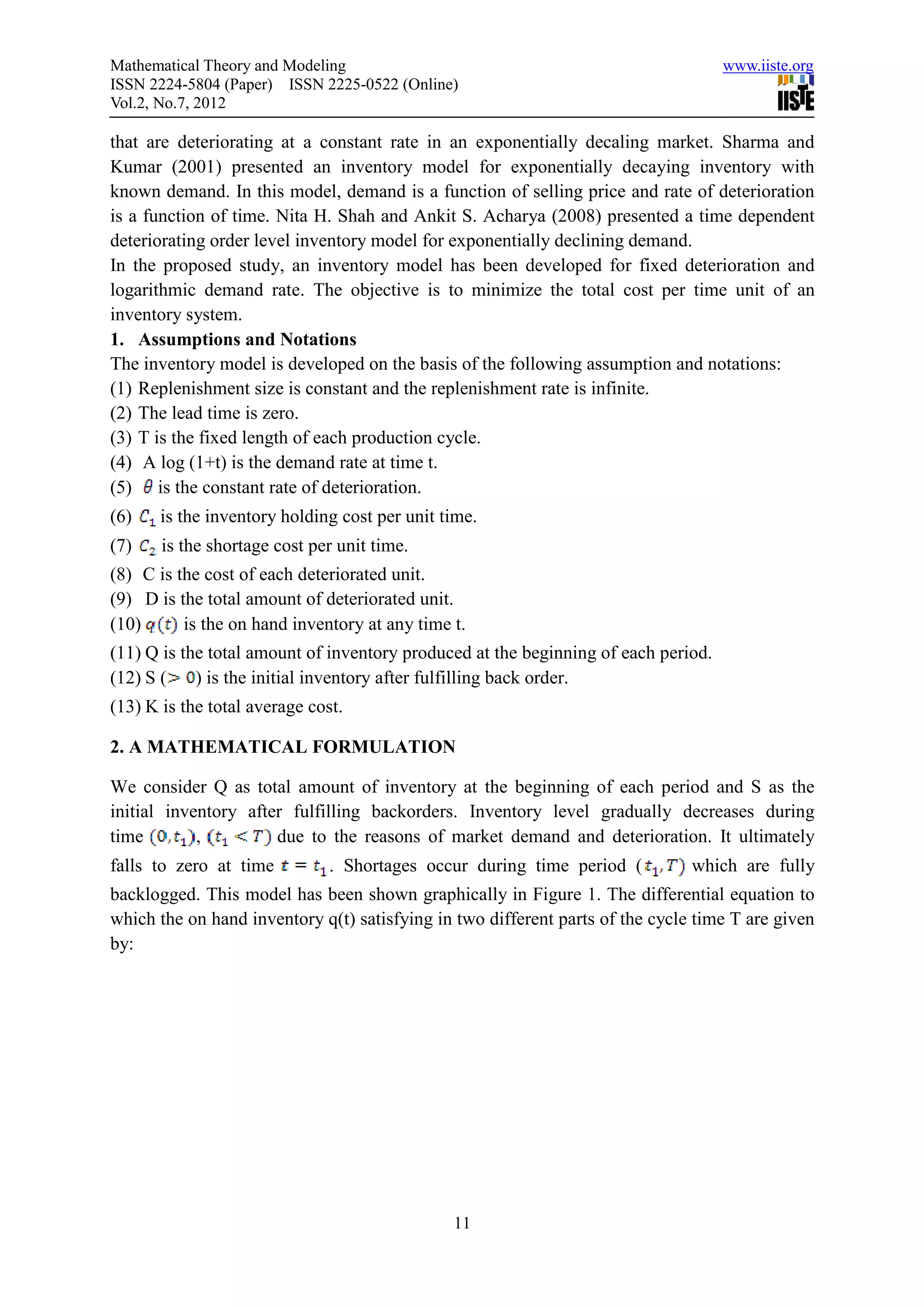 An inventory control model for fixed deterioration and logarithmic ...