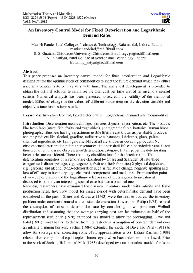 An Inventory Control Model For Fixed Deterioration And Logarithmic Demand Rates Pdf