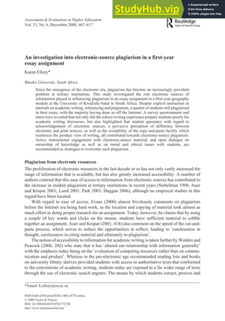 An Investigation Into Electronic-Source Plagiarism In A First-Year Essay Assignment | PDF