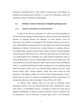 An investigation into students’ reticence in English Speaking lessons ...