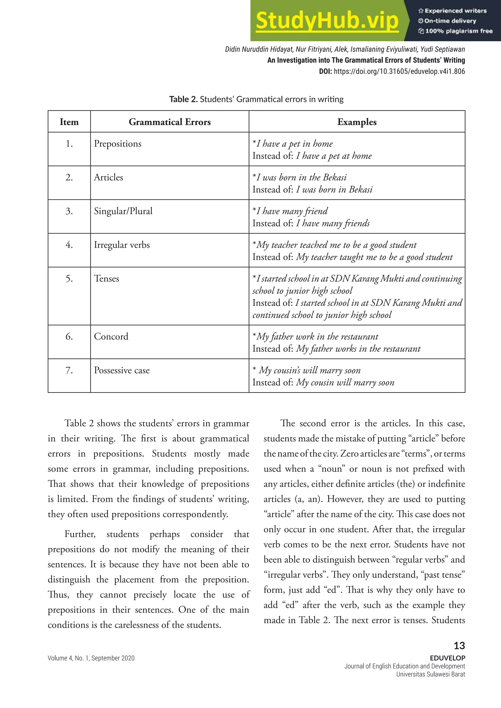An Investigation Into The Grammatical Errors Of Students Writing | PDF