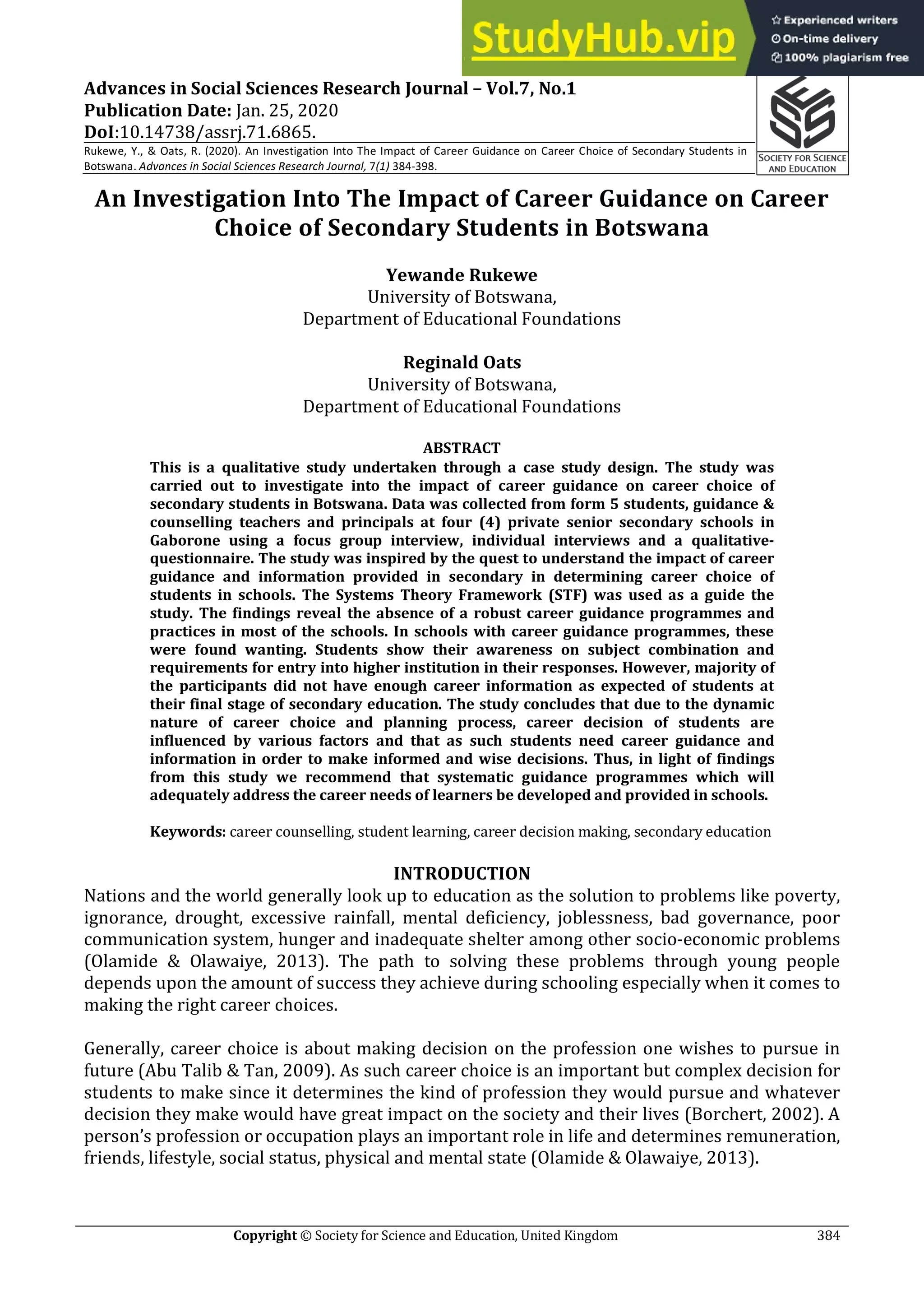 An Investigation Into The Impact Of Career Guidance On Career Choice Of ...