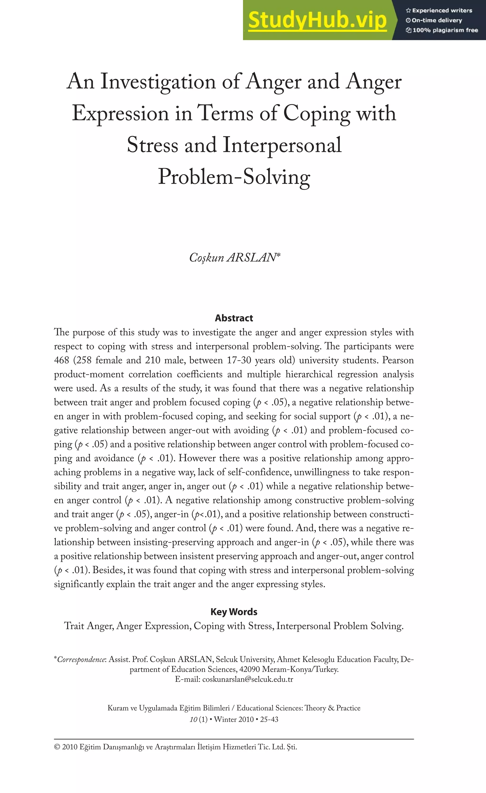An Investigation Of Anger And Anger Expression In Terms Of Coping With ...